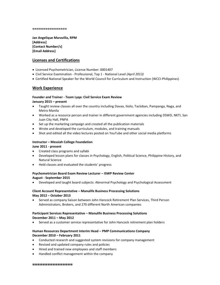 Jan Angelique Maravilla Resume | Psychometrician & Trainer