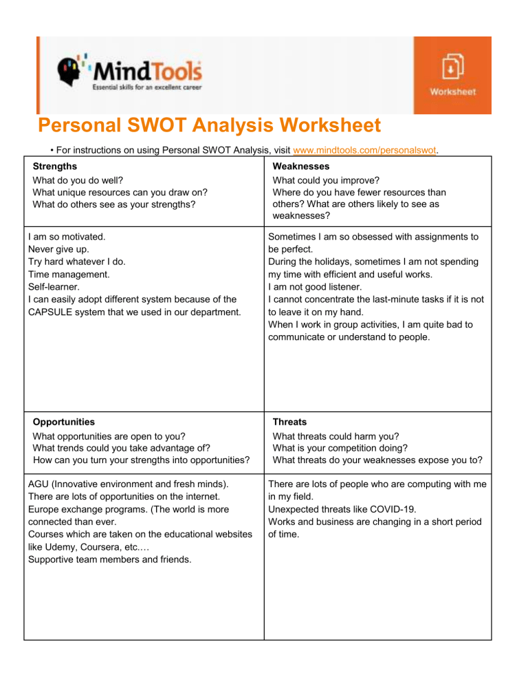 Personal SWOT Analysis Worksheet Personal SWOT Analysis Worksheet