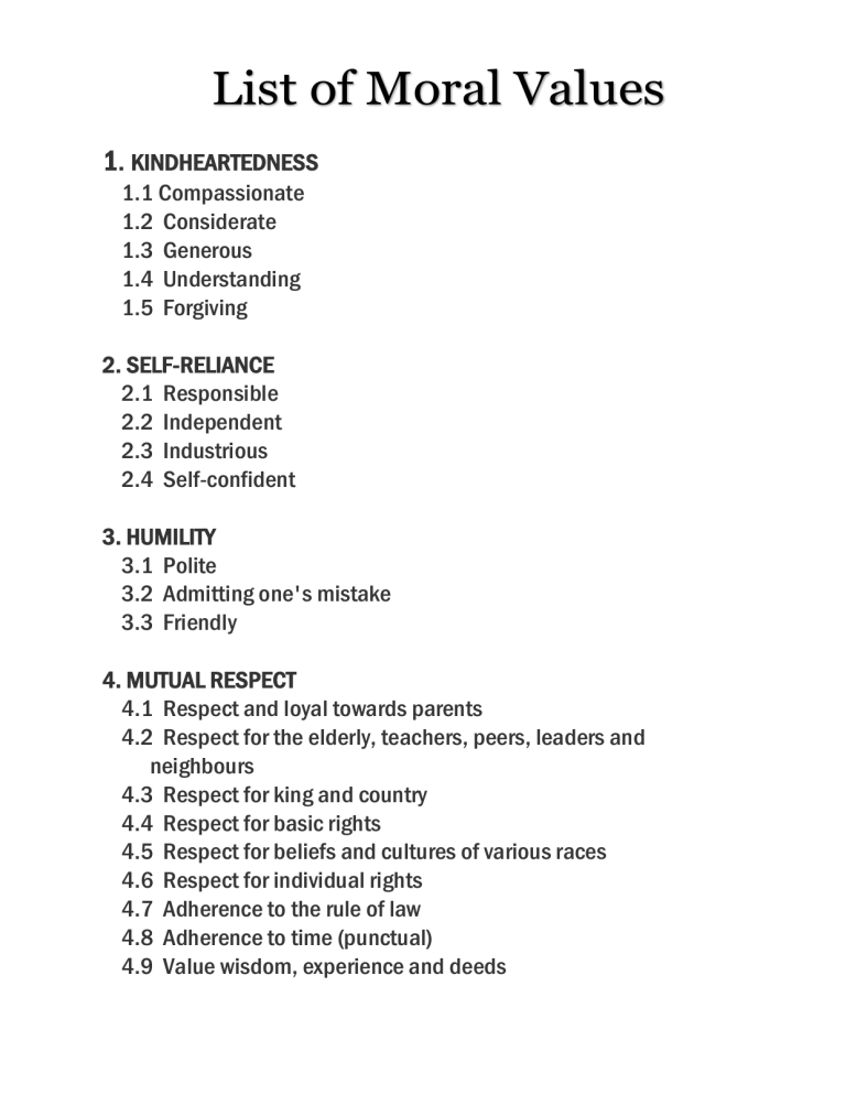 List Of Moral Values List Of Moral Values