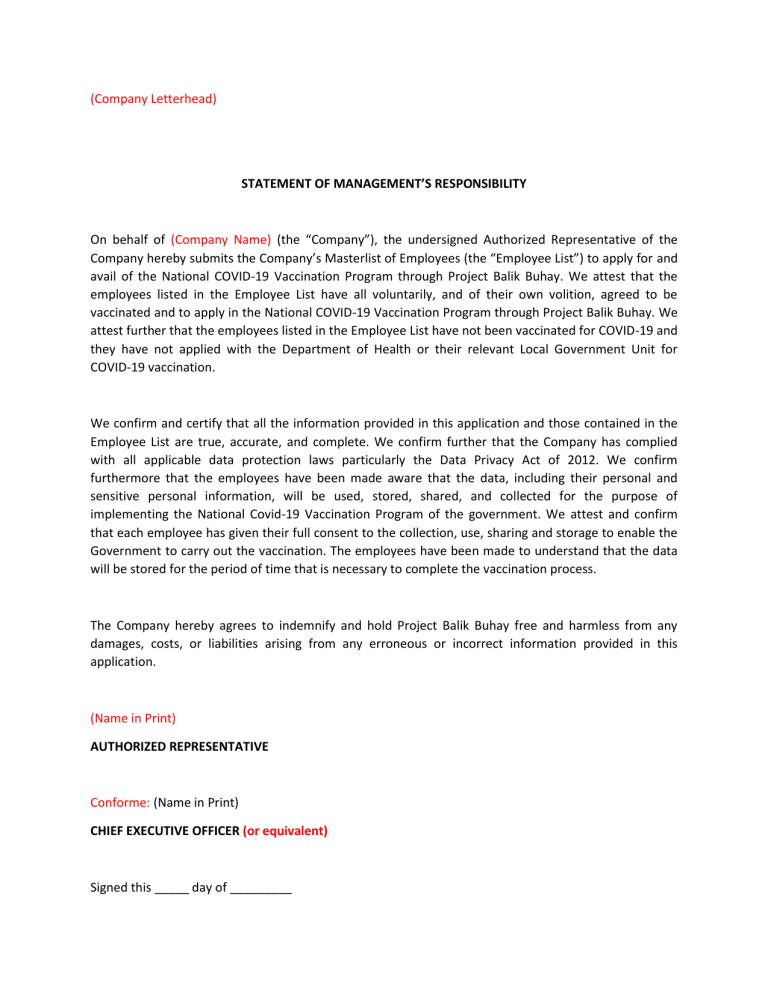 Statement Of Management Responsibility
