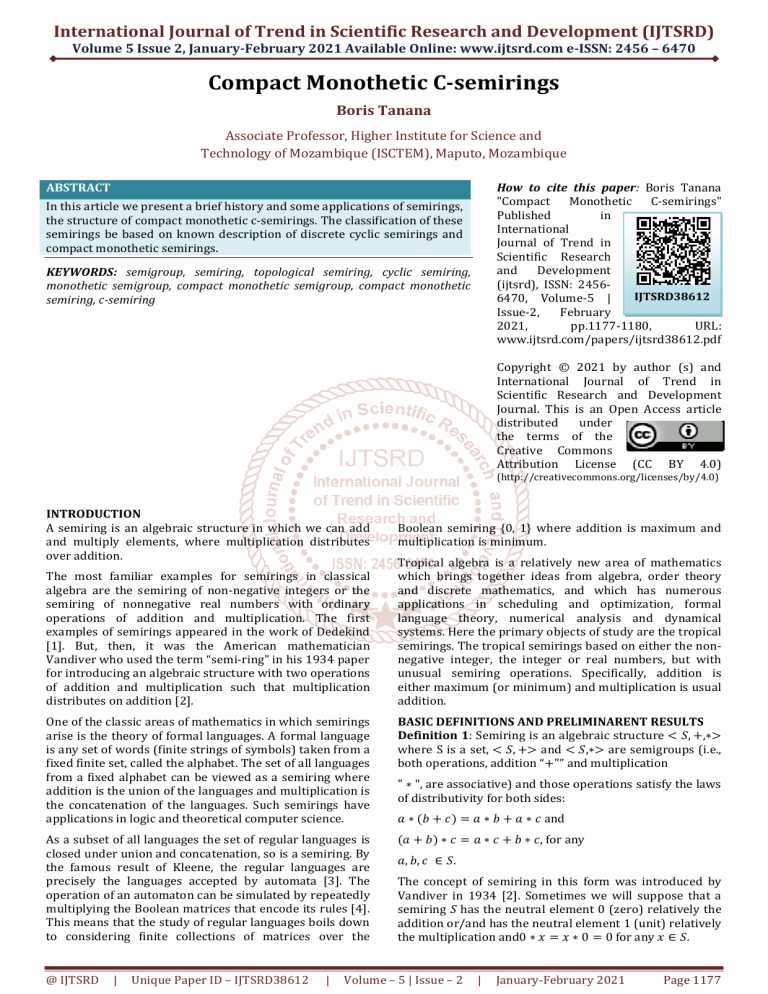 Compact Monothetic C-semirings: Structure and Classification
