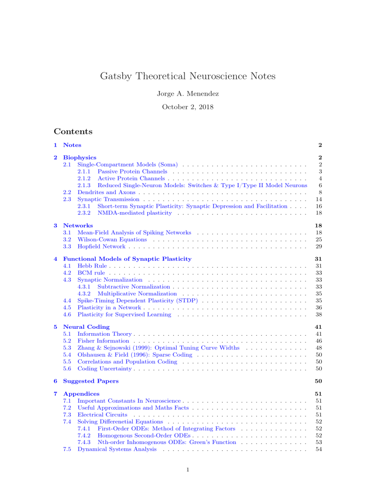 Theoretical Neuroscience Notes Biophysics Networks Coding