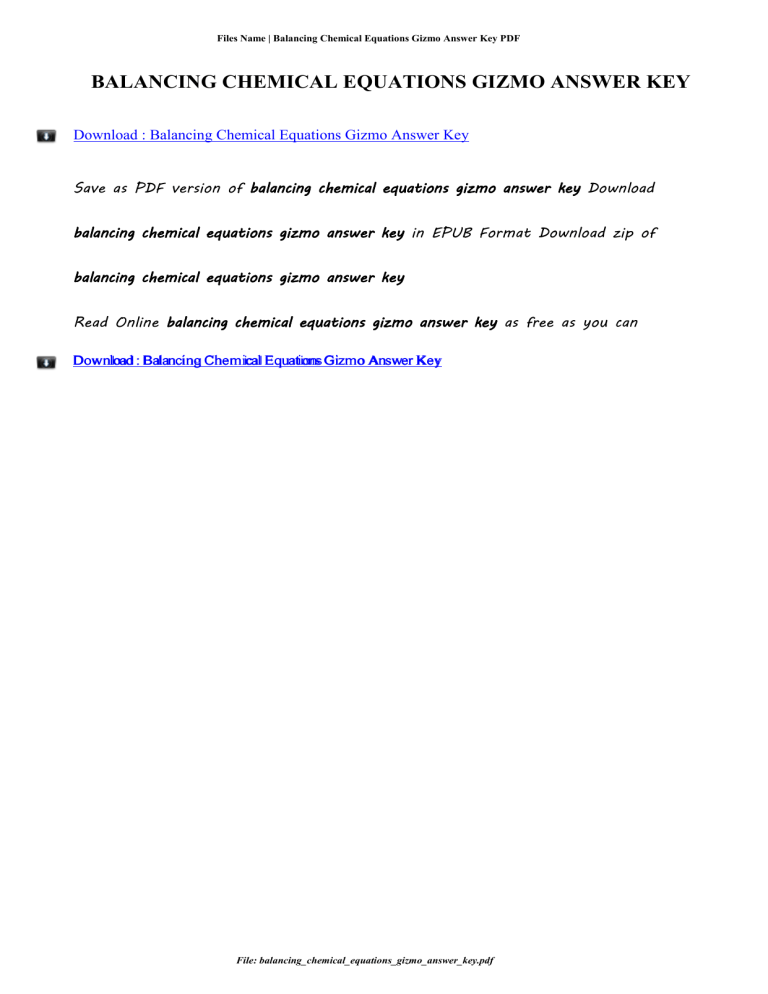 Balancing Chemical Equations Gizmo Answer Key Balancing Chemical Equations Gizmo Answer Key