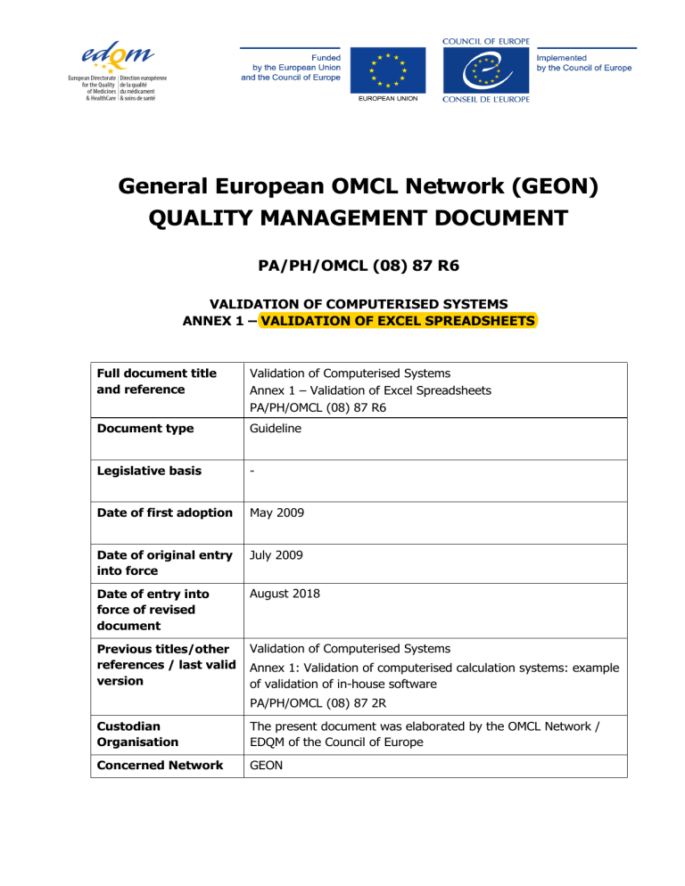Excel Spreadsheet Validation Guideline For Laboratories