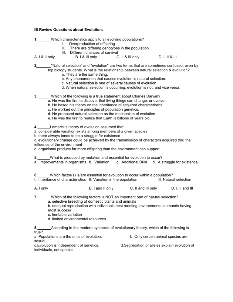 Evolution Review Questions: Natural Selection & Darwin