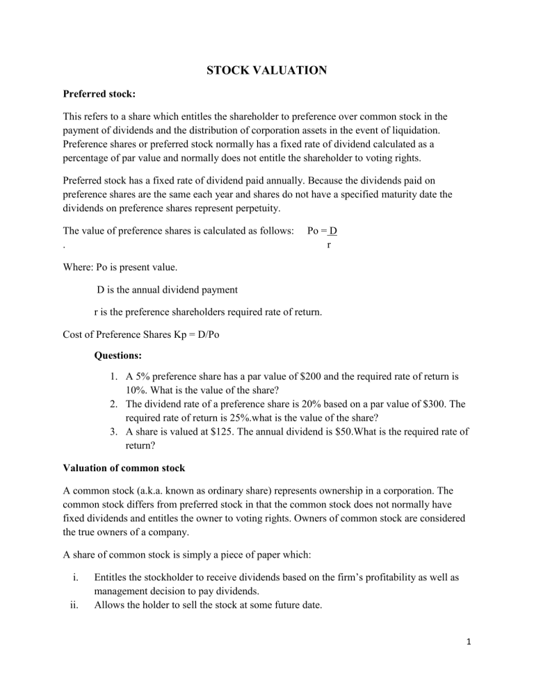 Stock Valuation: Preferred & Common Stock Analysis