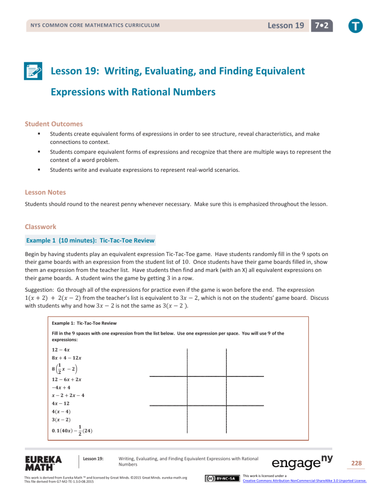 Equivalent Expressions with Rational Numbers Lesson Plan