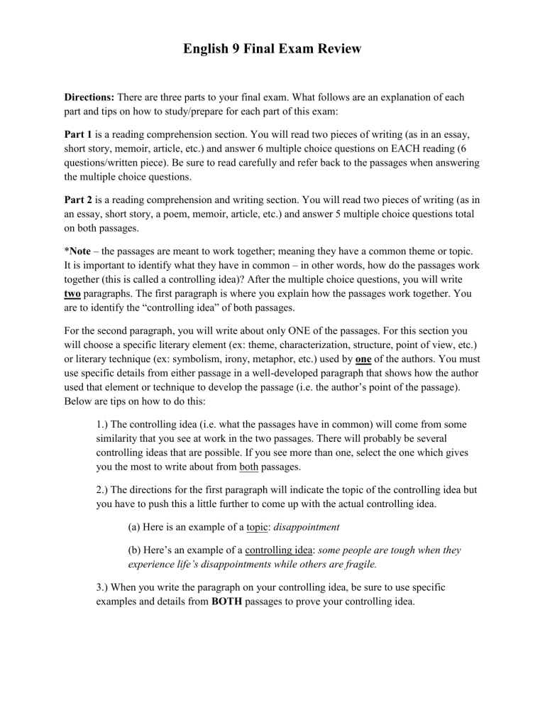English 9 Final Exam Review Packet