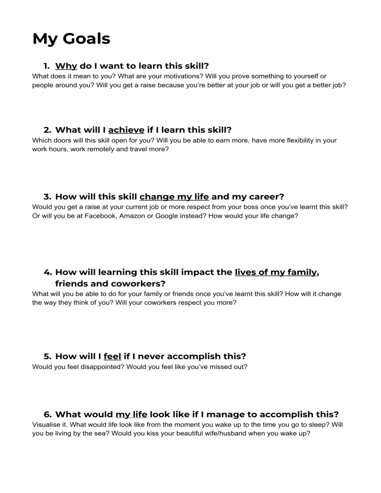 Goal Setting Questions Goal Setting Questions