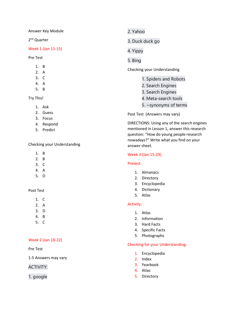 Answer Key 2nd Quarter Module WEEK12345678