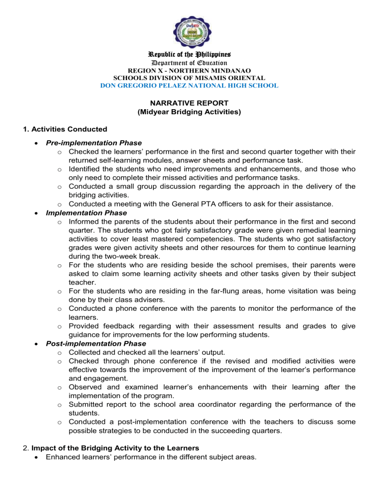DGPNHS Bridging Activities Narrative Report