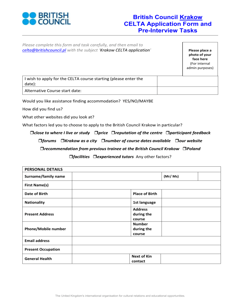 CELTA Application Form And Pre interview Task KRAKOW BC