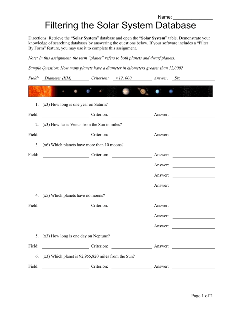Filtering The Solar System Database