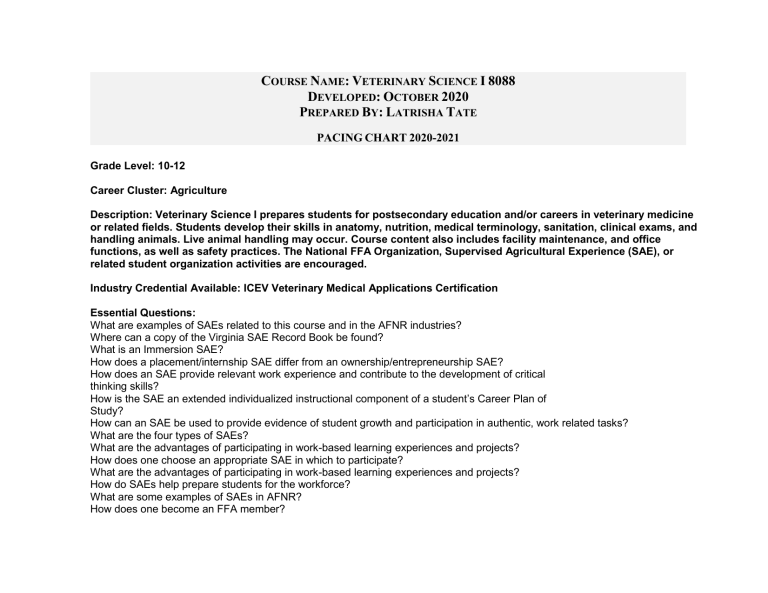 Pacing Guide Template Vet Sci I 2020-2021