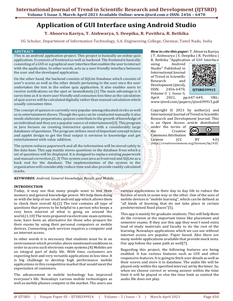 Android GUI Quiz App using Android Studio