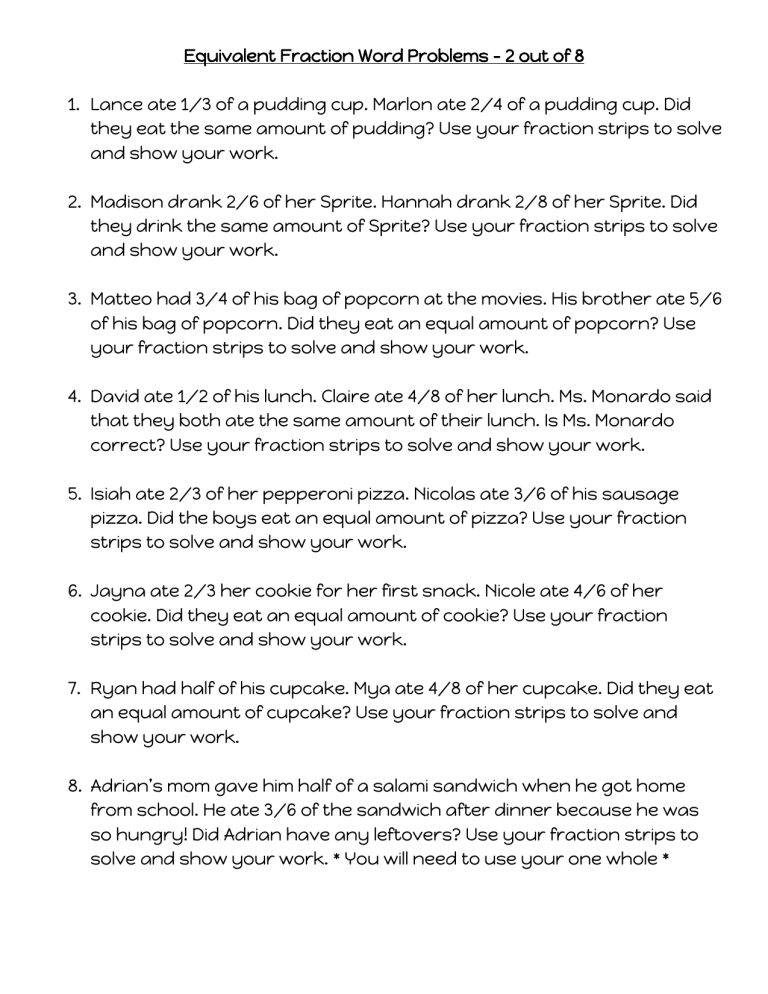 Equivalent Fraction Word Problems