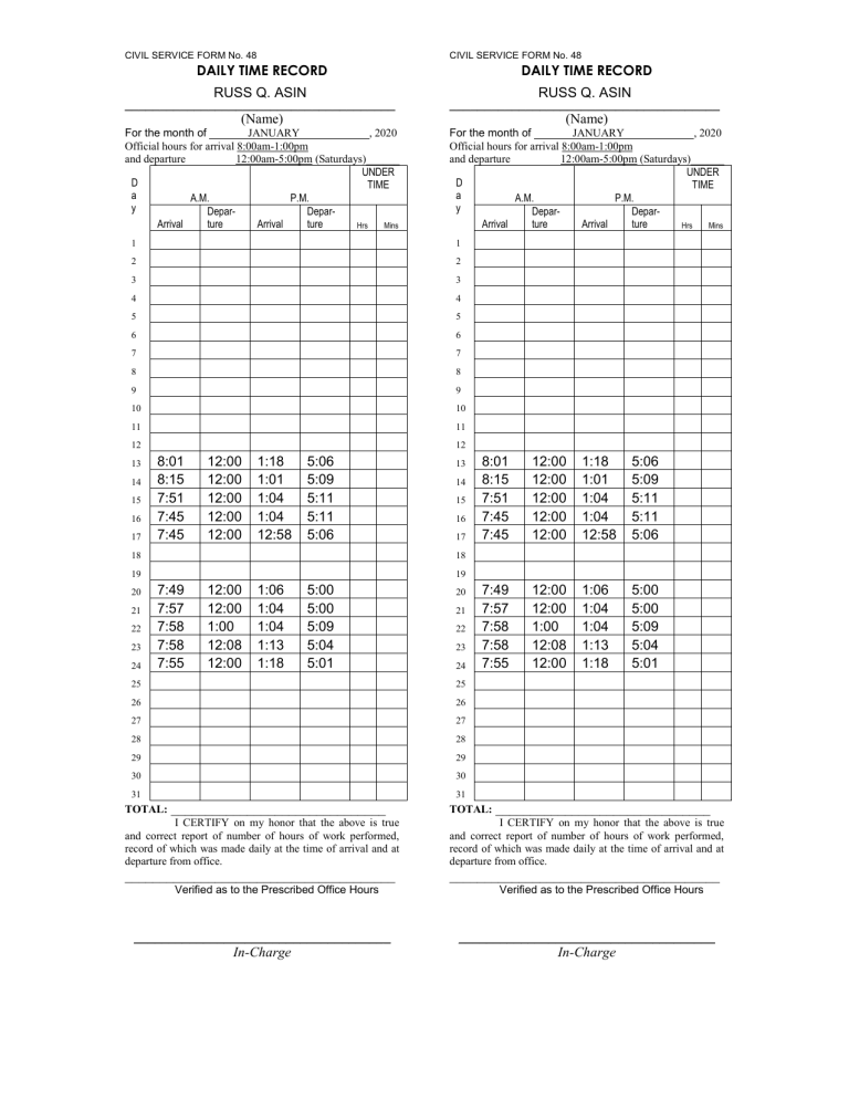 DTR Daily Time Record Form 48