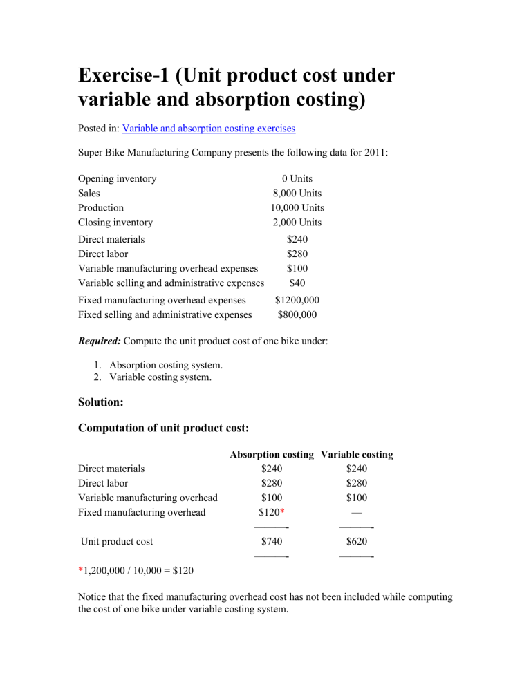 Variable & Absorption Costing Exercise