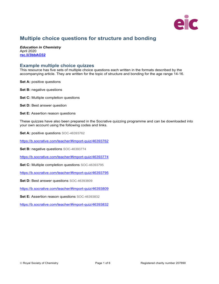 Structure & Bonding Multiple Choice Quiz