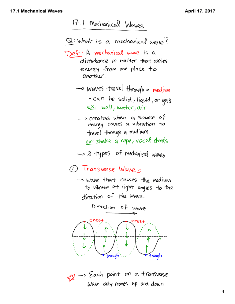 17 1 Mechanical Waves Notes 17 1 Mechanical Waves Notes