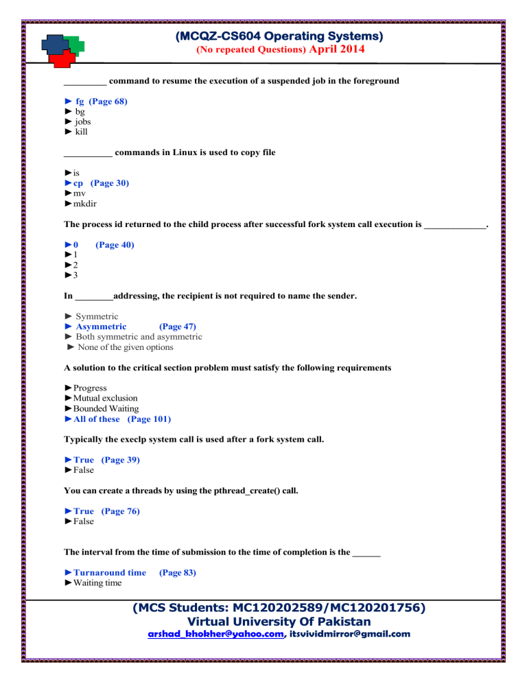 Operating Systems Exam Paper (CS604)