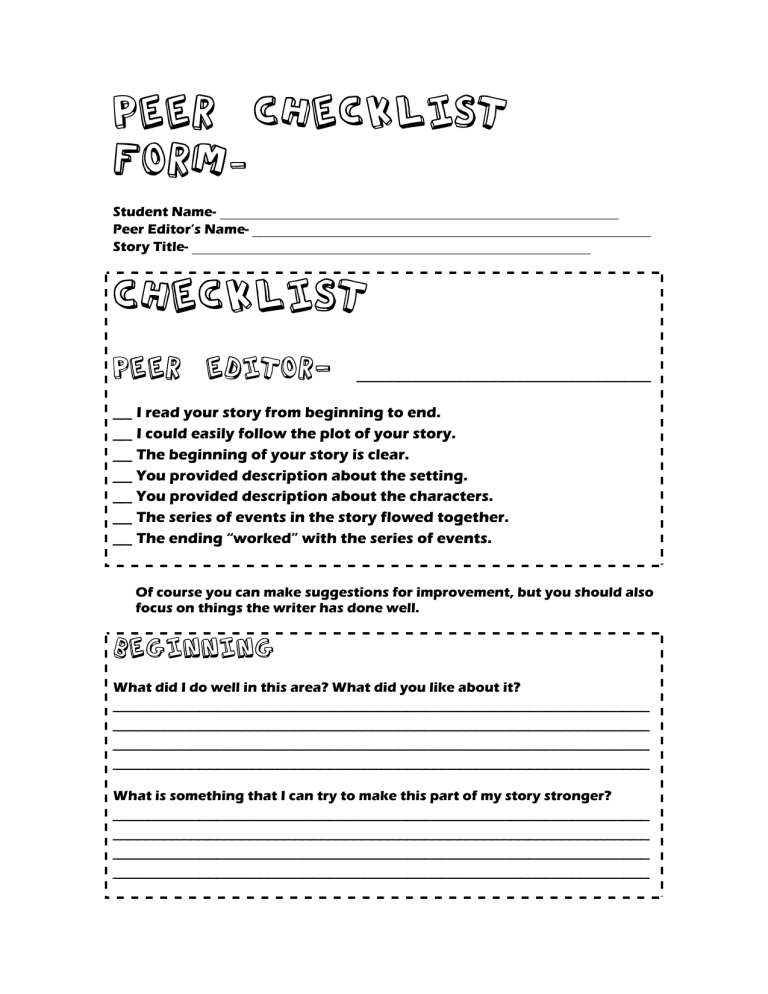 Peer Story Review Checklist For Students Peer Story Review Checklist For Students