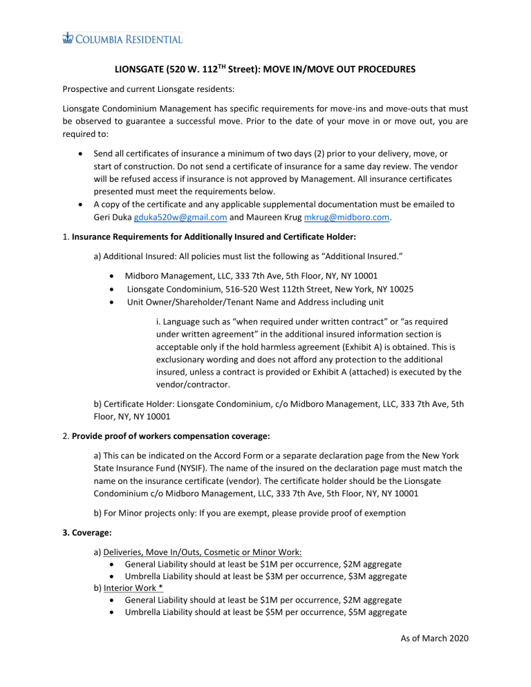 Lionsgate Move In Out Procedures 2020 Lionsgate Move In Out Procedures 2020