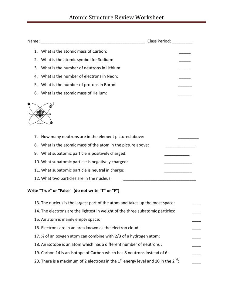 Atomic Structure Worksheets