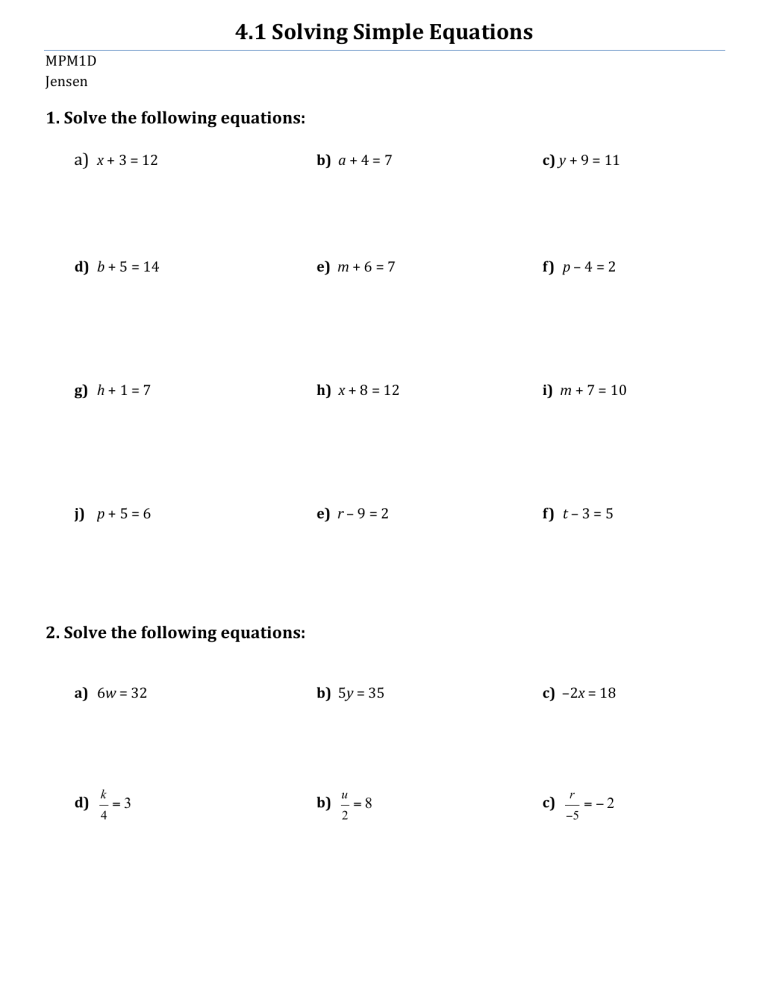 4 1 Solve Simple Equations Worksheet