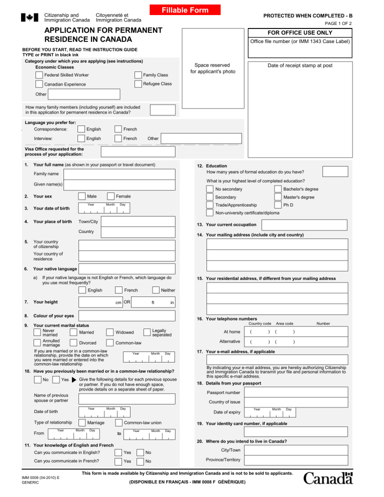 Application For Permanent Residence In Canada 1 Application For Permanent Residence In Canada 1