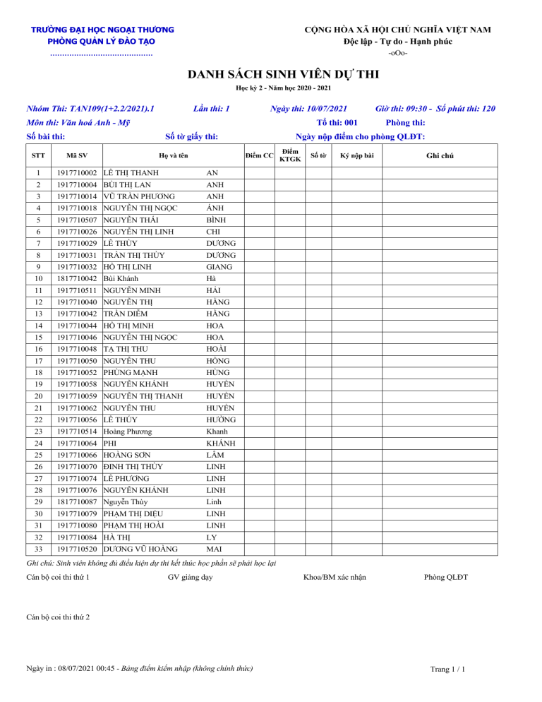 Student Exam List: English-American Culture