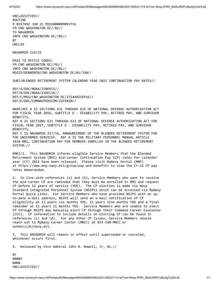 NAVADMIN 114/21: BRS Continuation Pay Rates for 2022