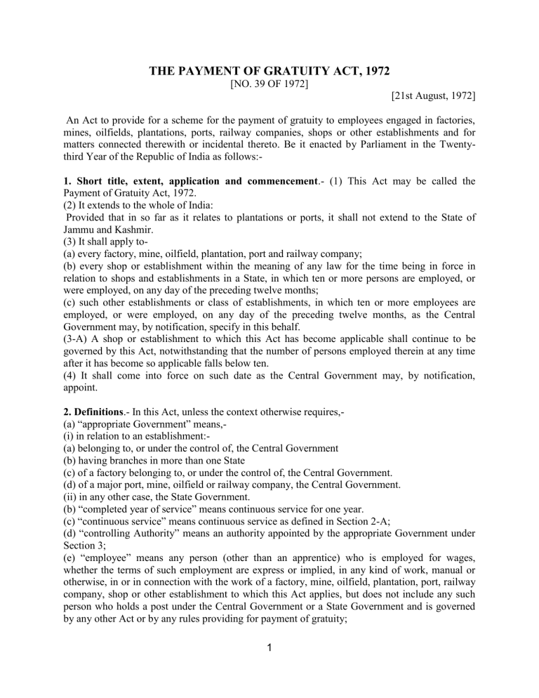 Payment of Gratuity Act, 1972 - India