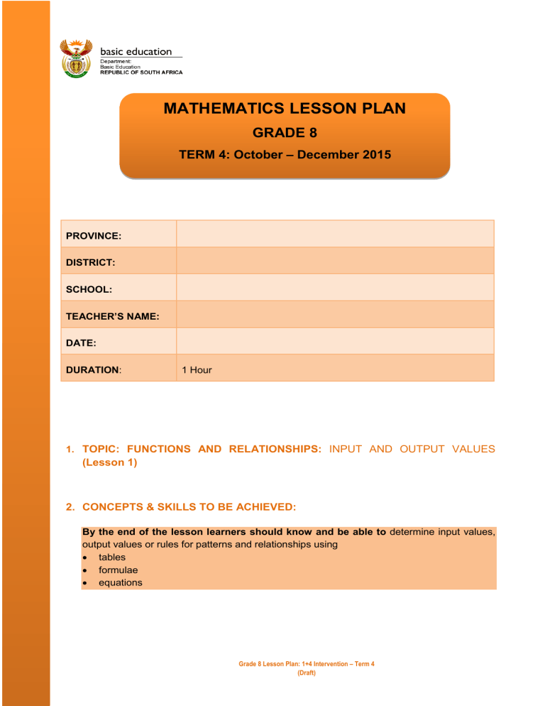 Grade 8 Math Lesson Plan: Functions & Relationships