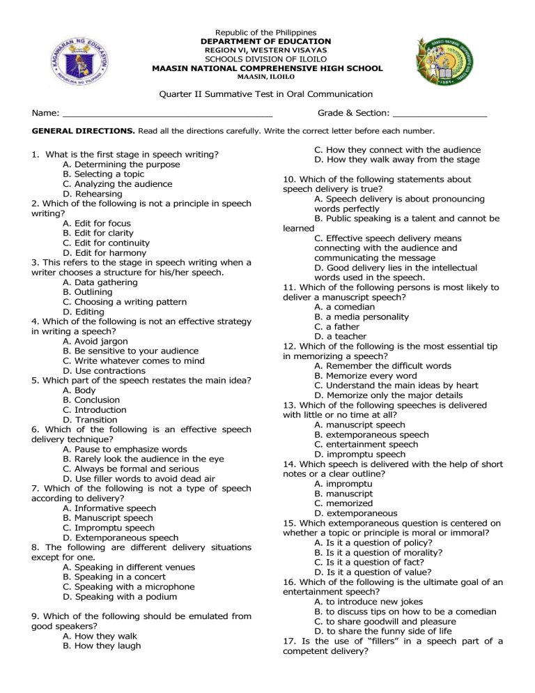 Oral Communication Summative Test Oral Communication Summative Test