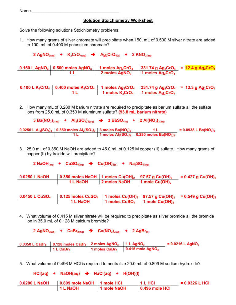 Solution Stoichiometry Worksheet Key