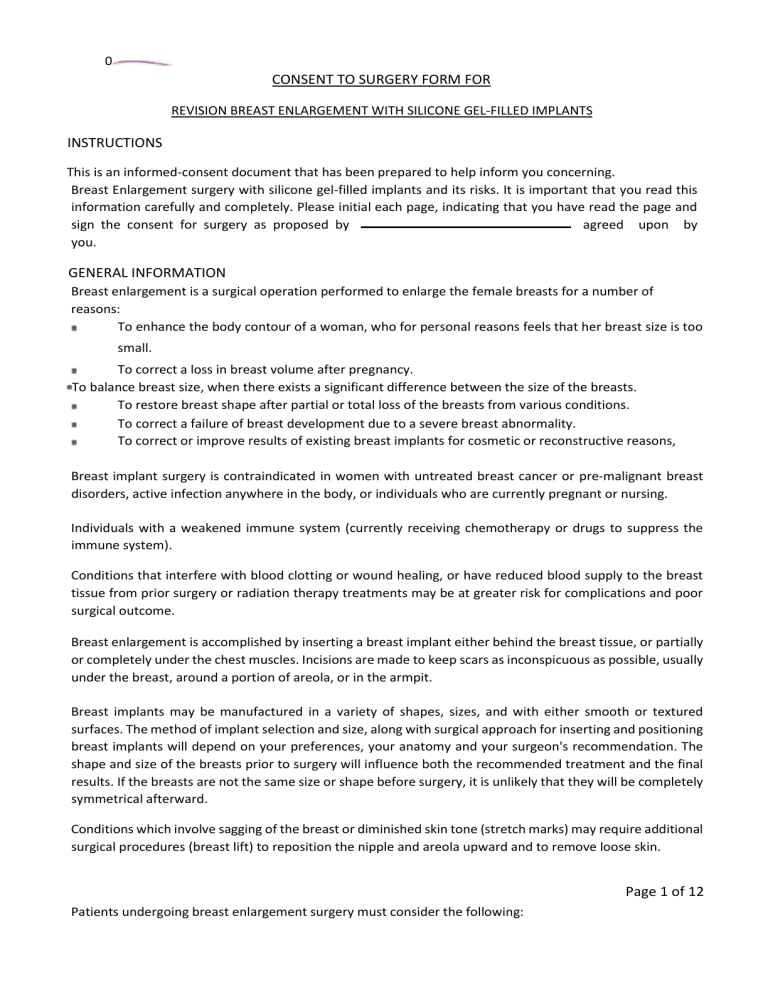Breast Enlargement Surgery Consent Form