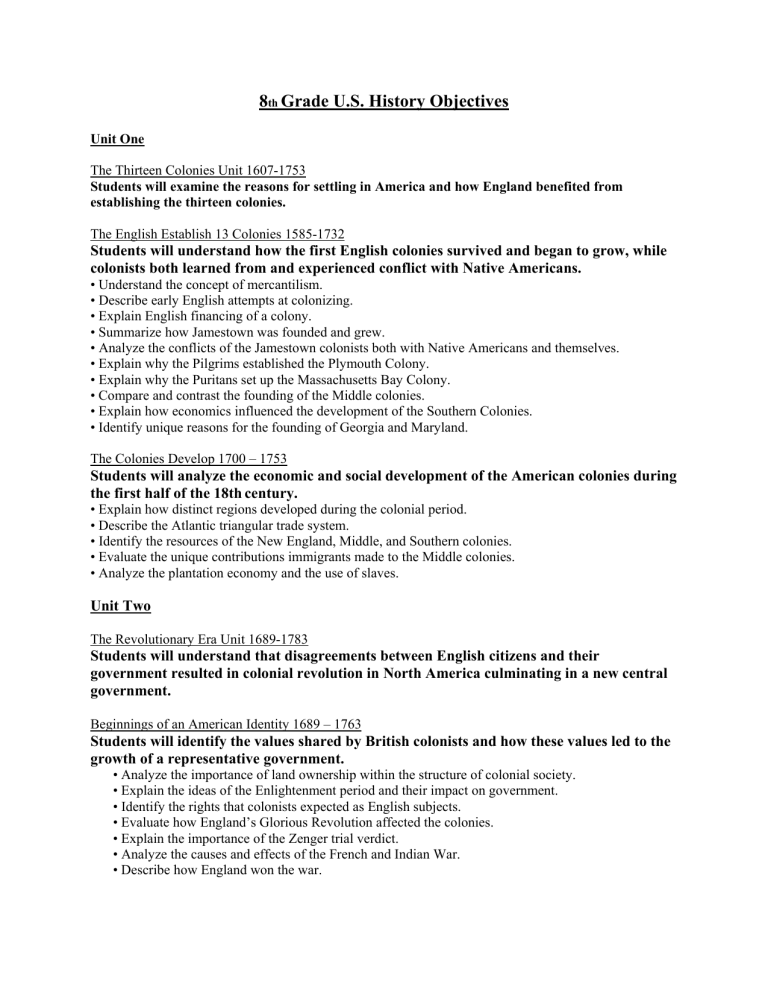 8th Grade US History Learning Objectives