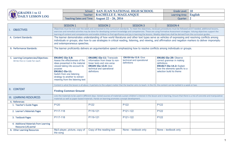 Grade 10 English DLL Q2 Q4