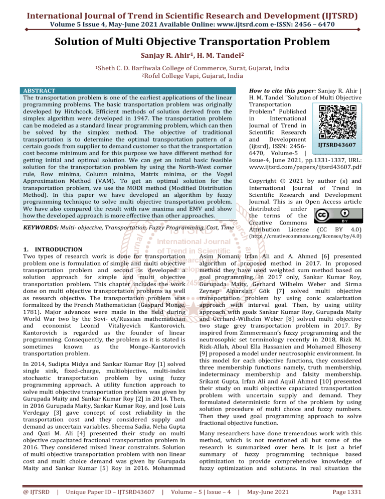 Solution Of Multi Objective Transportation Problem