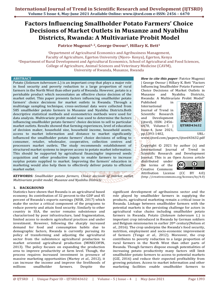 Potato Farmers' Market Choices in Rwanda: A Multivariate Probit Study