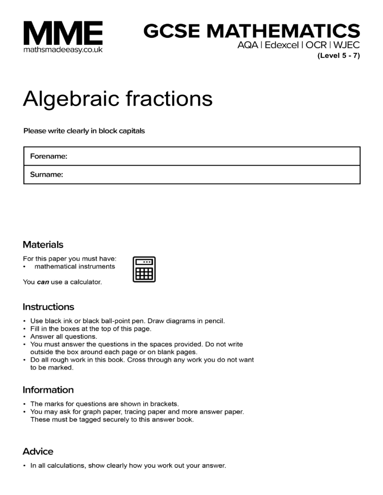 Algebraic fractions Questions MME