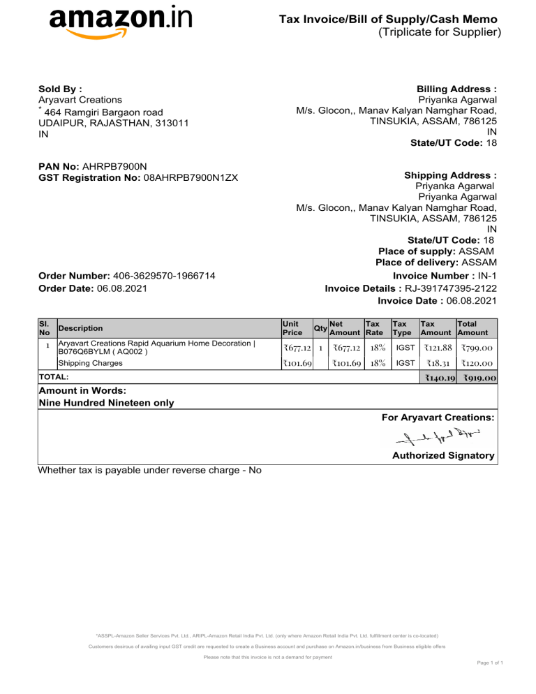 Invoice Document Amazon