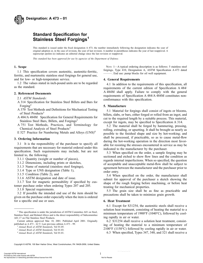 Stainless Steel Forgings Standard Specification A 473