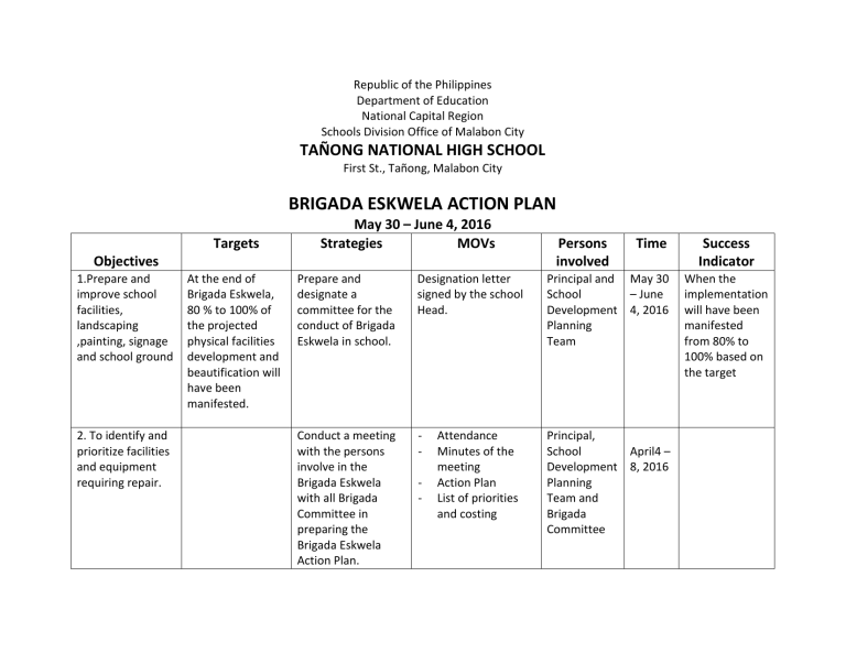 BRIGADA ESKWELA ACTION PLAN