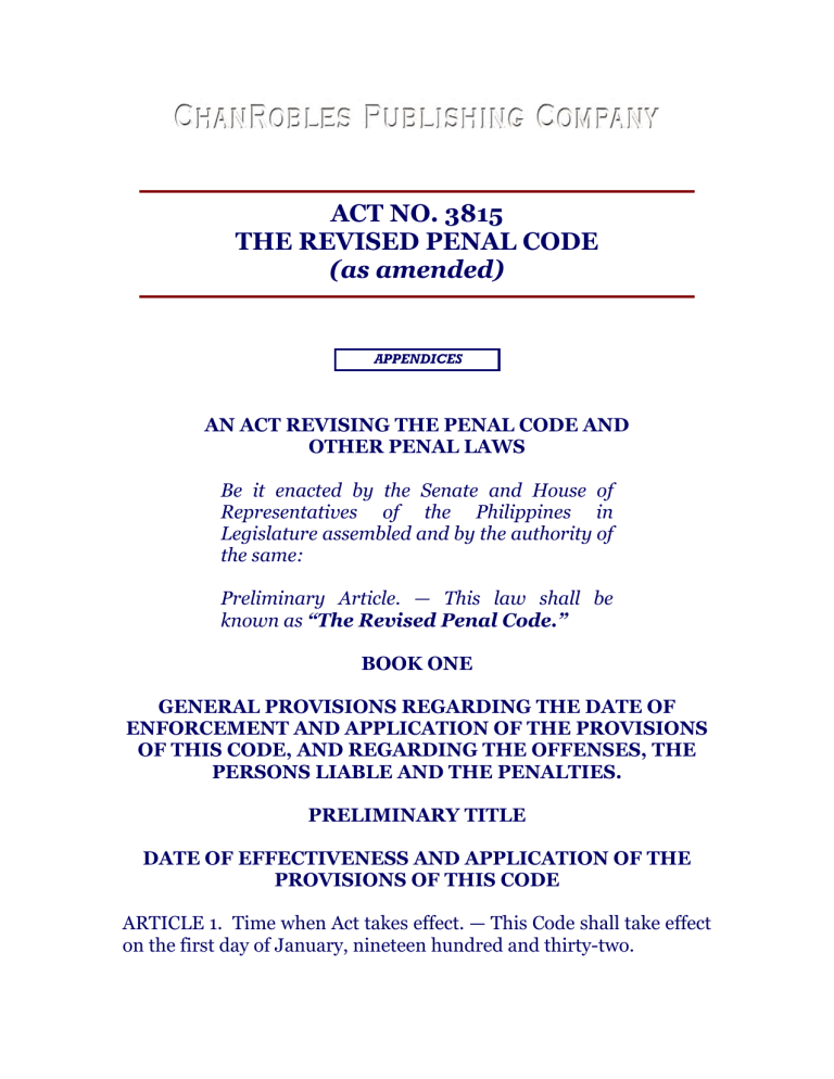 ACT No 3815 THE REVISED PENAL CODE ACT No 3815 THE REVISED PENAL CODE