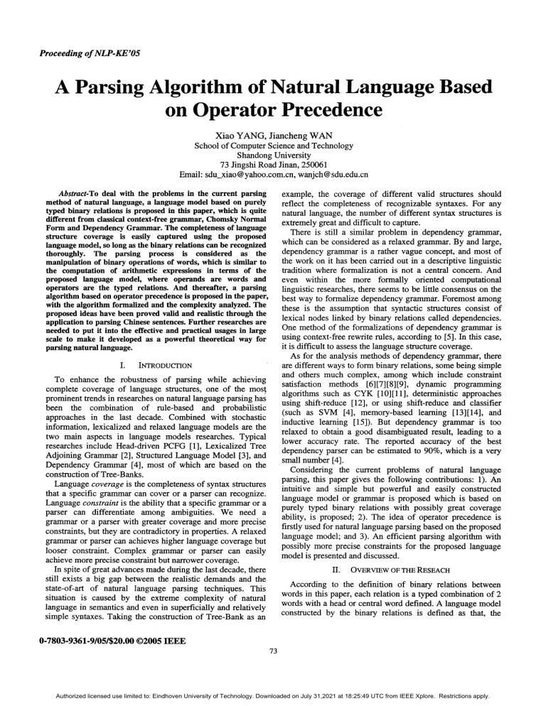 Parsing Algorithm for Natural Language Based on Operator Precedence