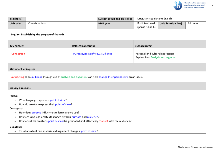 MYP LA Proficient Unit Planner Example En