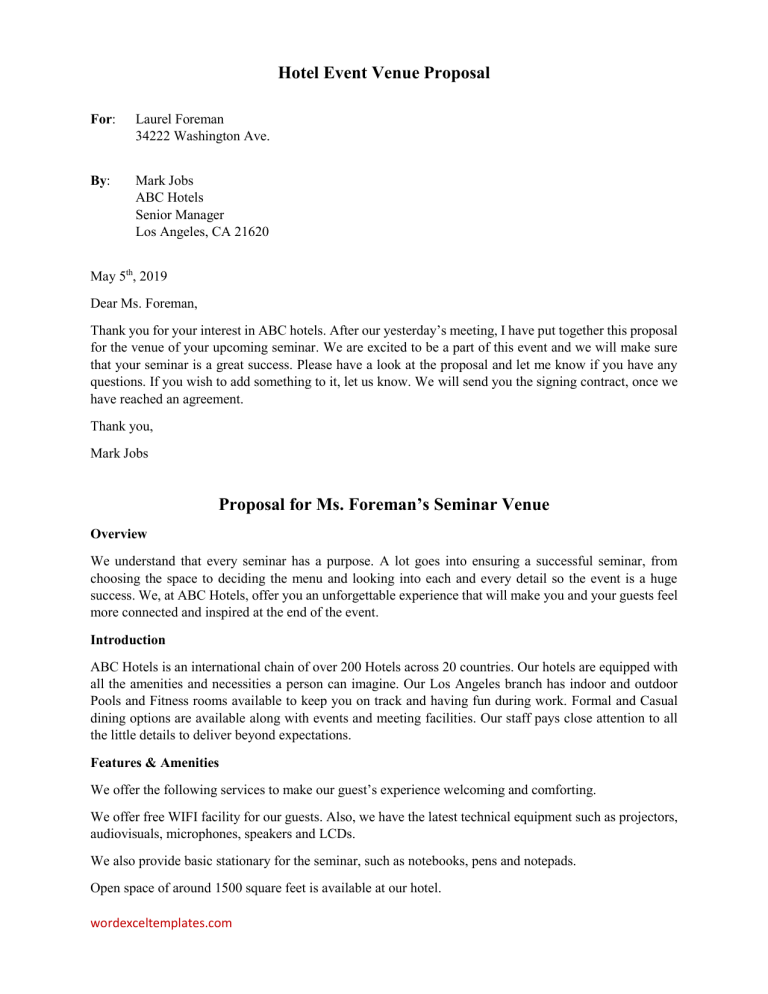 Hotel event venue proposal template