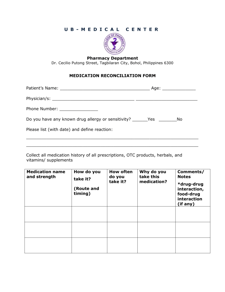 Medication Reconciliation Form Medication Reconciliation Form